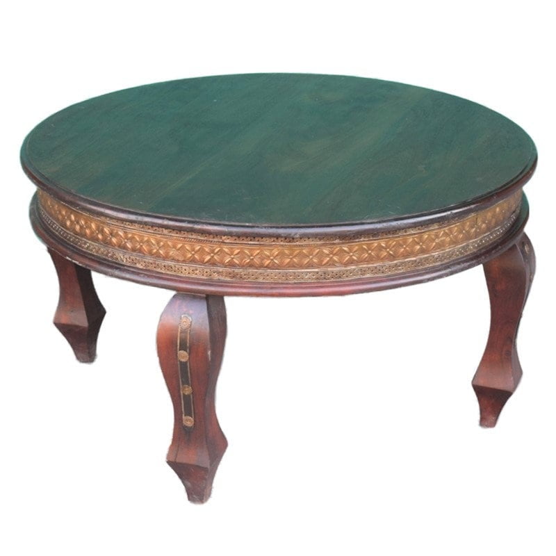 Vintage Round Coffee Table With Brass Accents| Asian Indian Carved ...