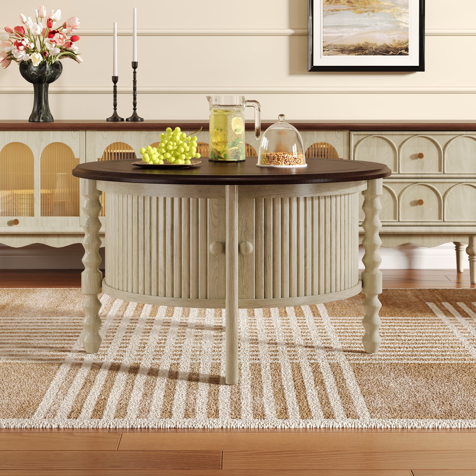 Vintage Round Coffee Table with Storage, Cocktail Table with Sliding ...