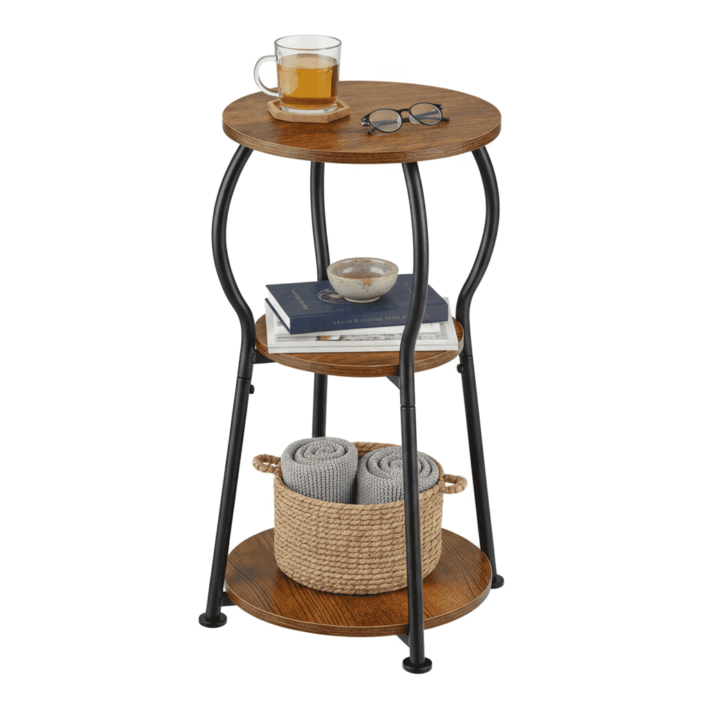 Vintage Round Side Table, 3-Tier Slim End Table with Storage Shelf ...