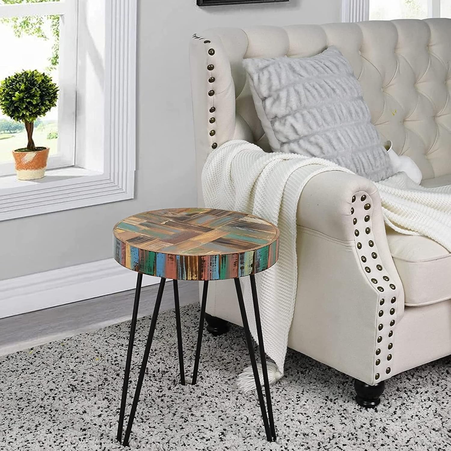 Vintage Round Thick Wood Side Table 15" x 15" x 20" H Accent Reclaimed ...