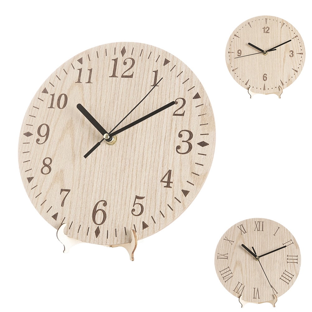 Vintage Round Wooden Clock with Stand Handmade Retro Silent Movement ...