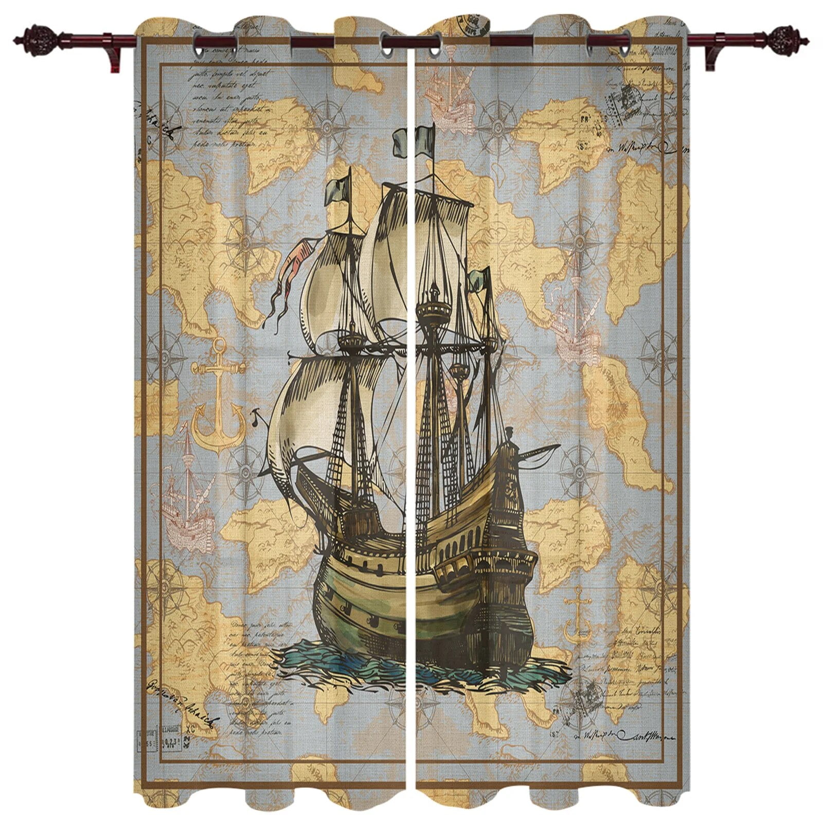 Vintage Routes Sailboats Anchors Modern Window Curtains for Living Room ...