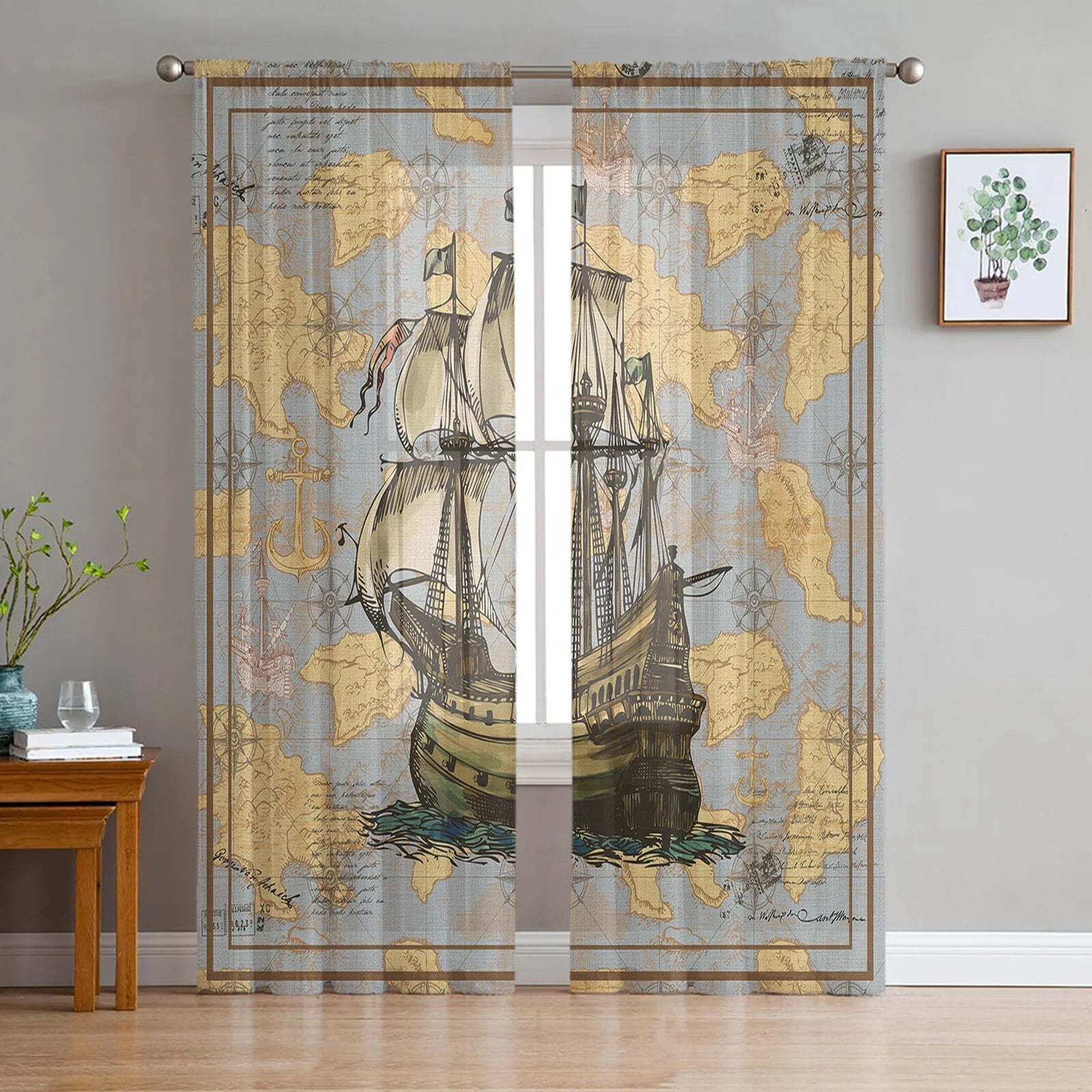 Vintage Routes Sailboats Anchors Sheer Voile Window Curtains Tulle ...