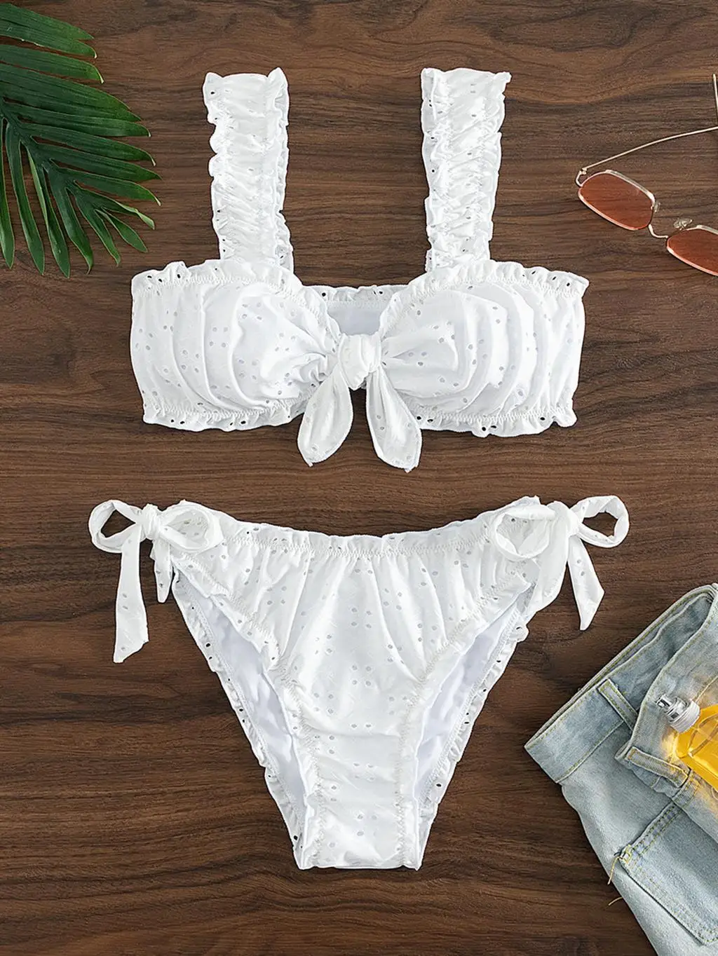 Vintage Ruffles Suspender Bikini Set Women Bowknot Lace Up Swimwear ...