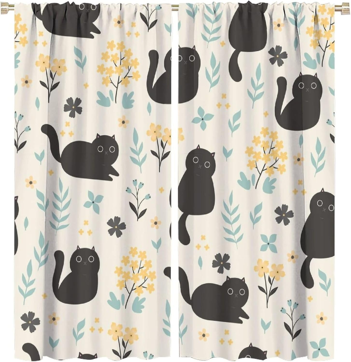 Vintage Rustic Cartoon Curtains, Cute Black Cat Rural Floral Seamless ...