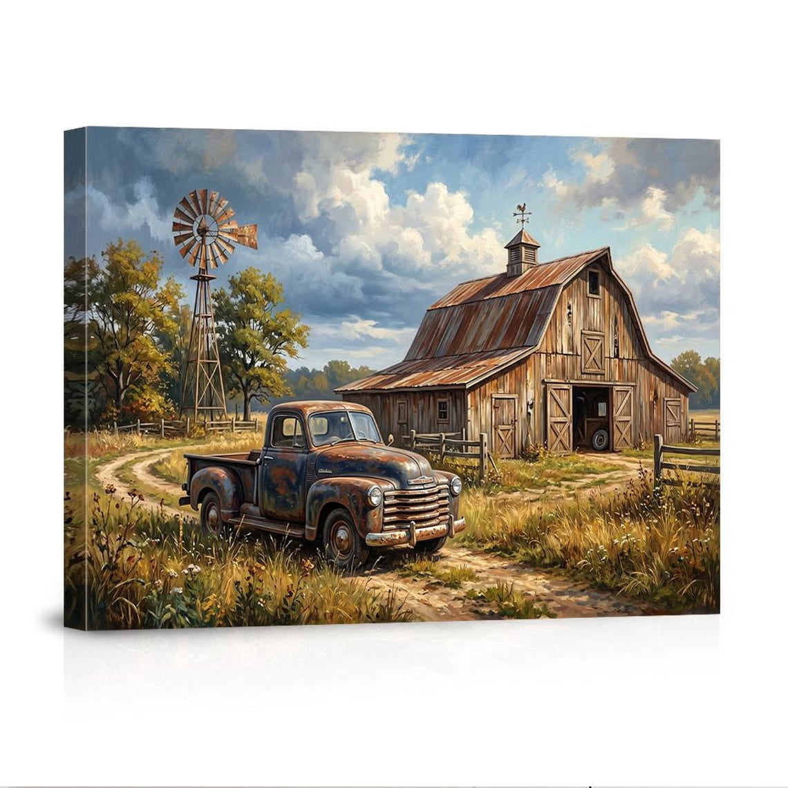 Vintage Rustic Farm Old Truck Barn Windmill Landscape Art Countryside ...
