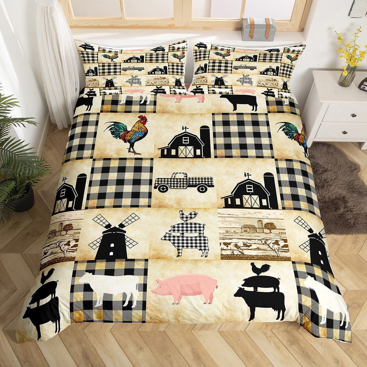 Vintage Rustic Farmhouse Duvet Cover Twin,Farm Animals Cow Pig Chicken ...