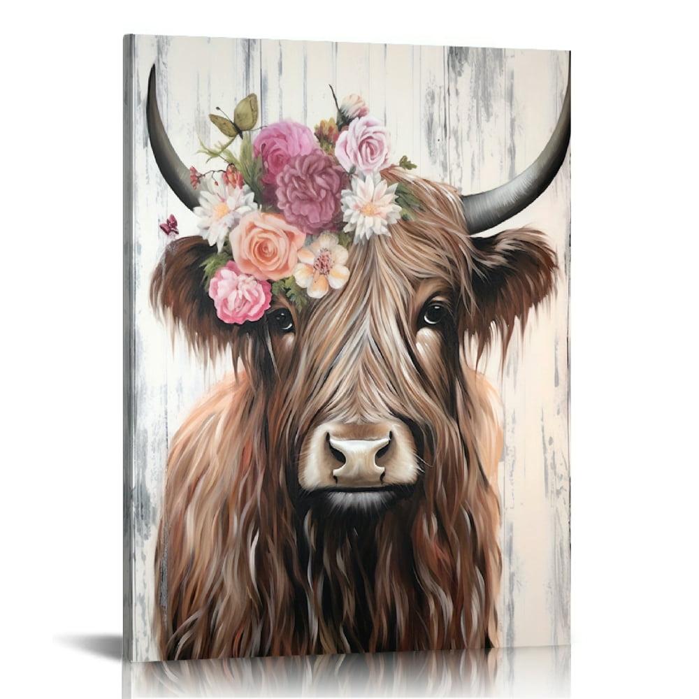 Vintage Rustic Flower Highland Cow Canvas Wall Art Print, Animal Theme ...