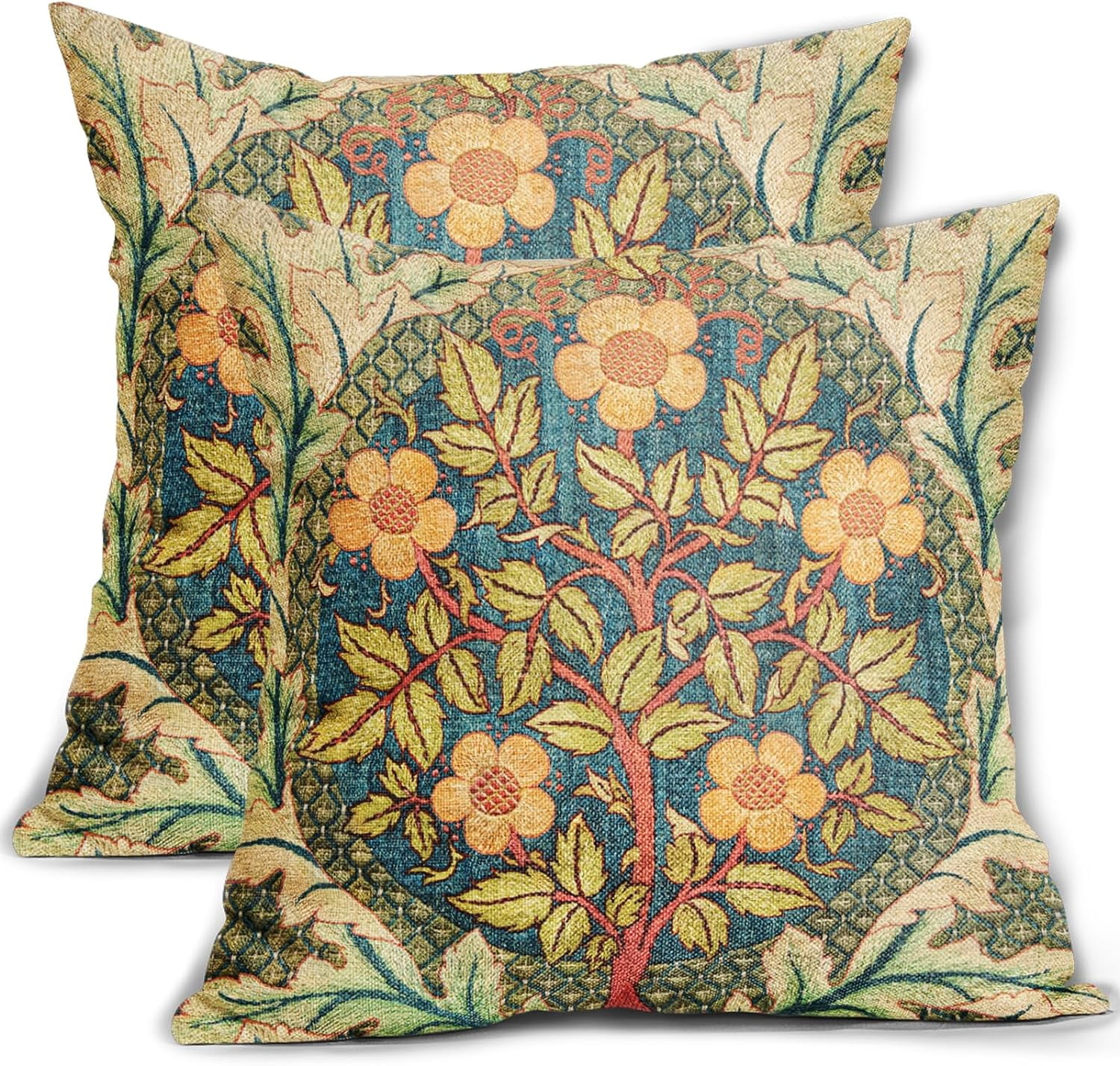 Vintage Rustic Flower Pillow Covers 16x16 Sage Green Yellow Floral Tree ...