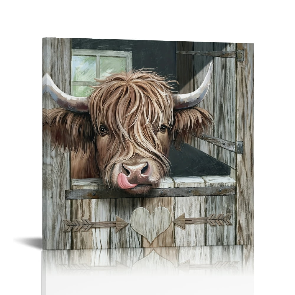 Vintage Rustic Funny Highland Cow Canvas Wall Art Print, Animal Theme ...