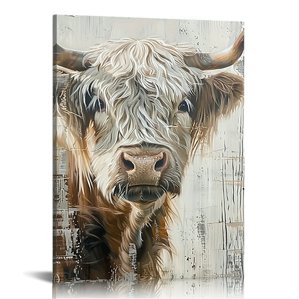 Vintage Rustic Highland Cow Canvas Wall Art Print, Animal Theme Wall ...