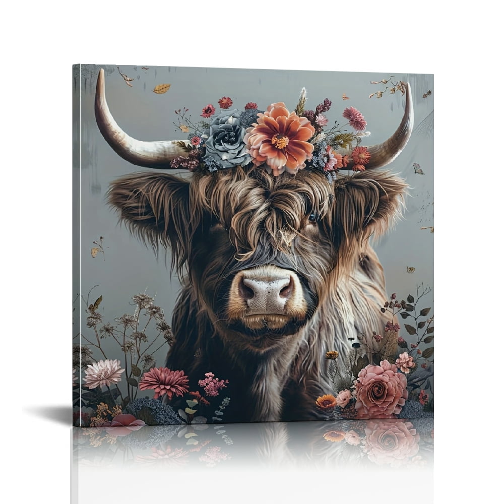 Vintage Rustic Highland Cow Canvas Wall Art Print Poster, Highland Cow ...