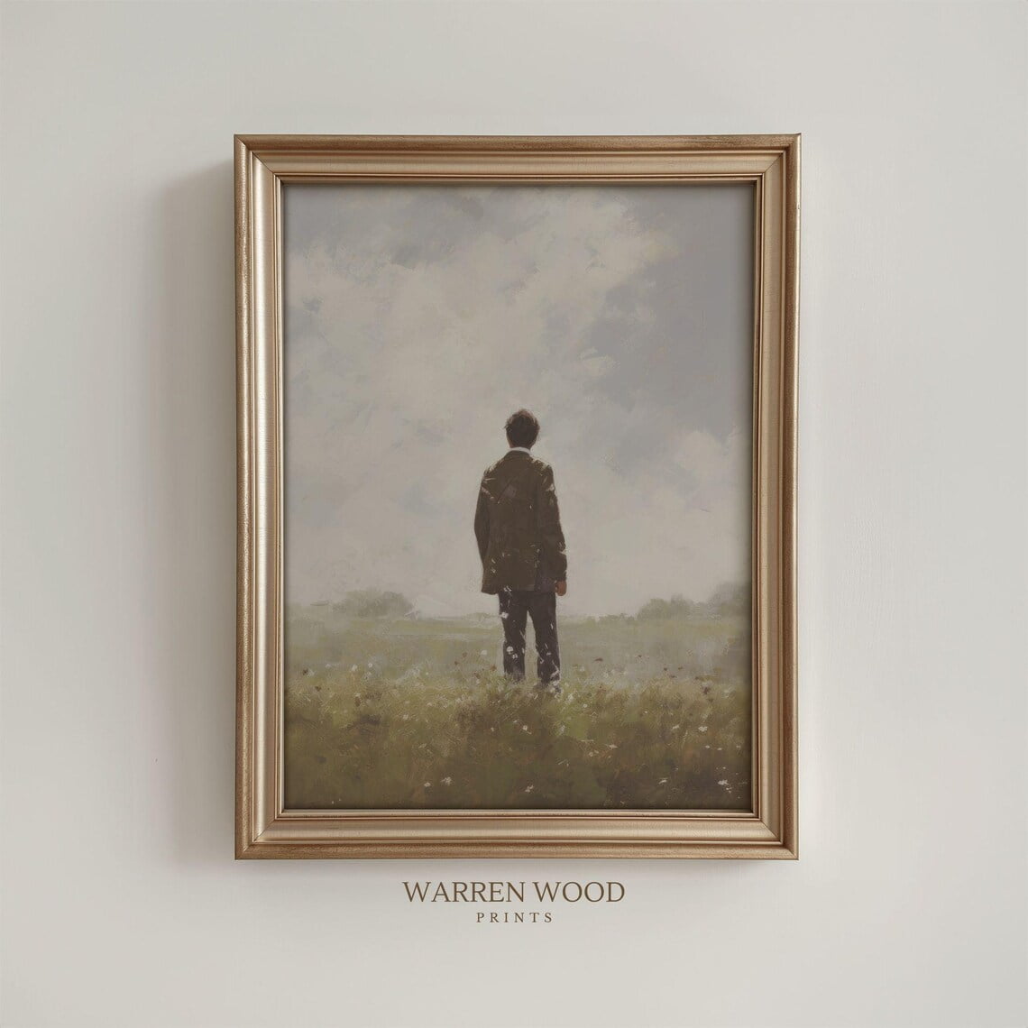 Vintage Rustic Man Overlooking Spring Meadow, Neutral Cozy Wall Art ...