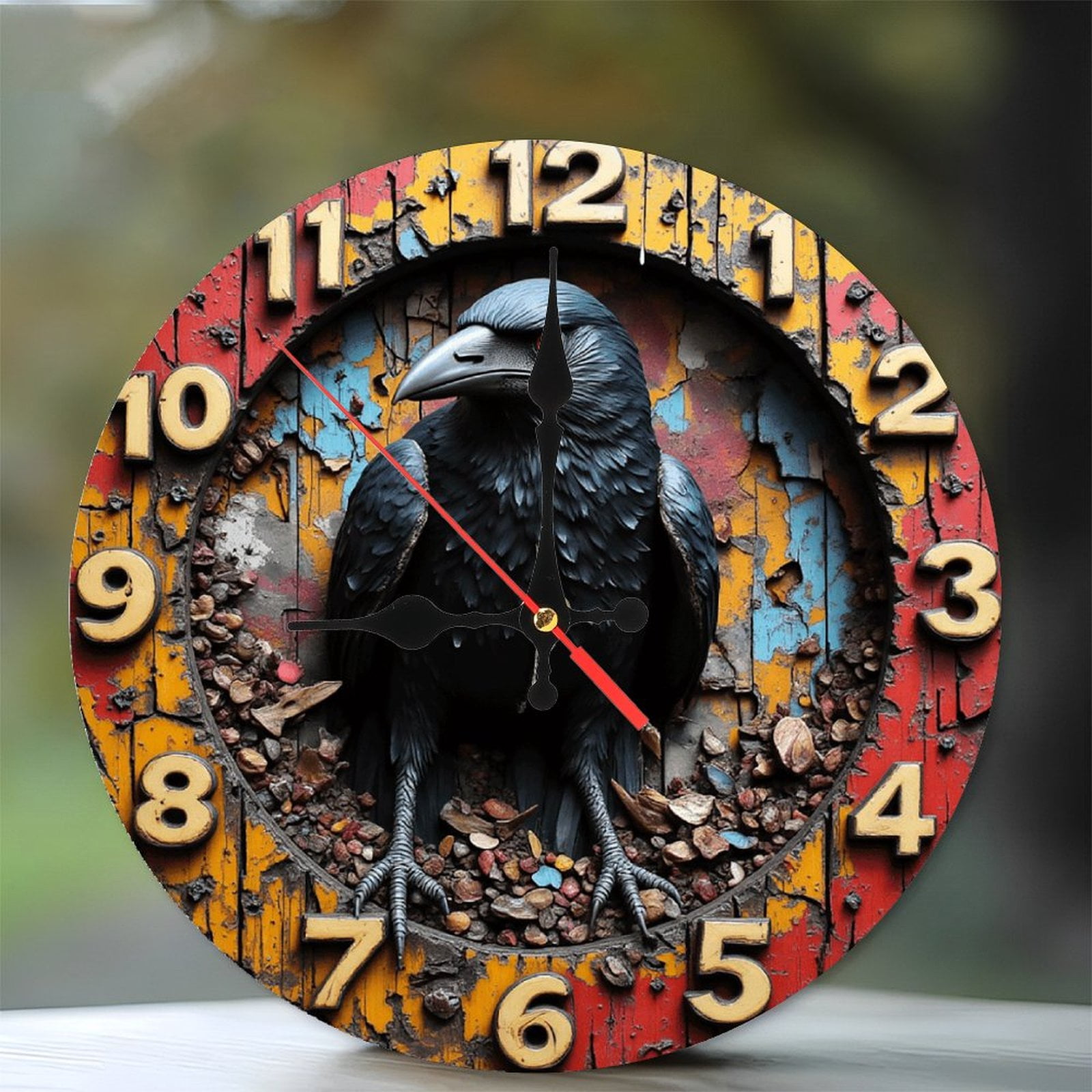 Vintage Rustic Wall Clock with Crow Art Design 10-Inch Silent Wooden ...