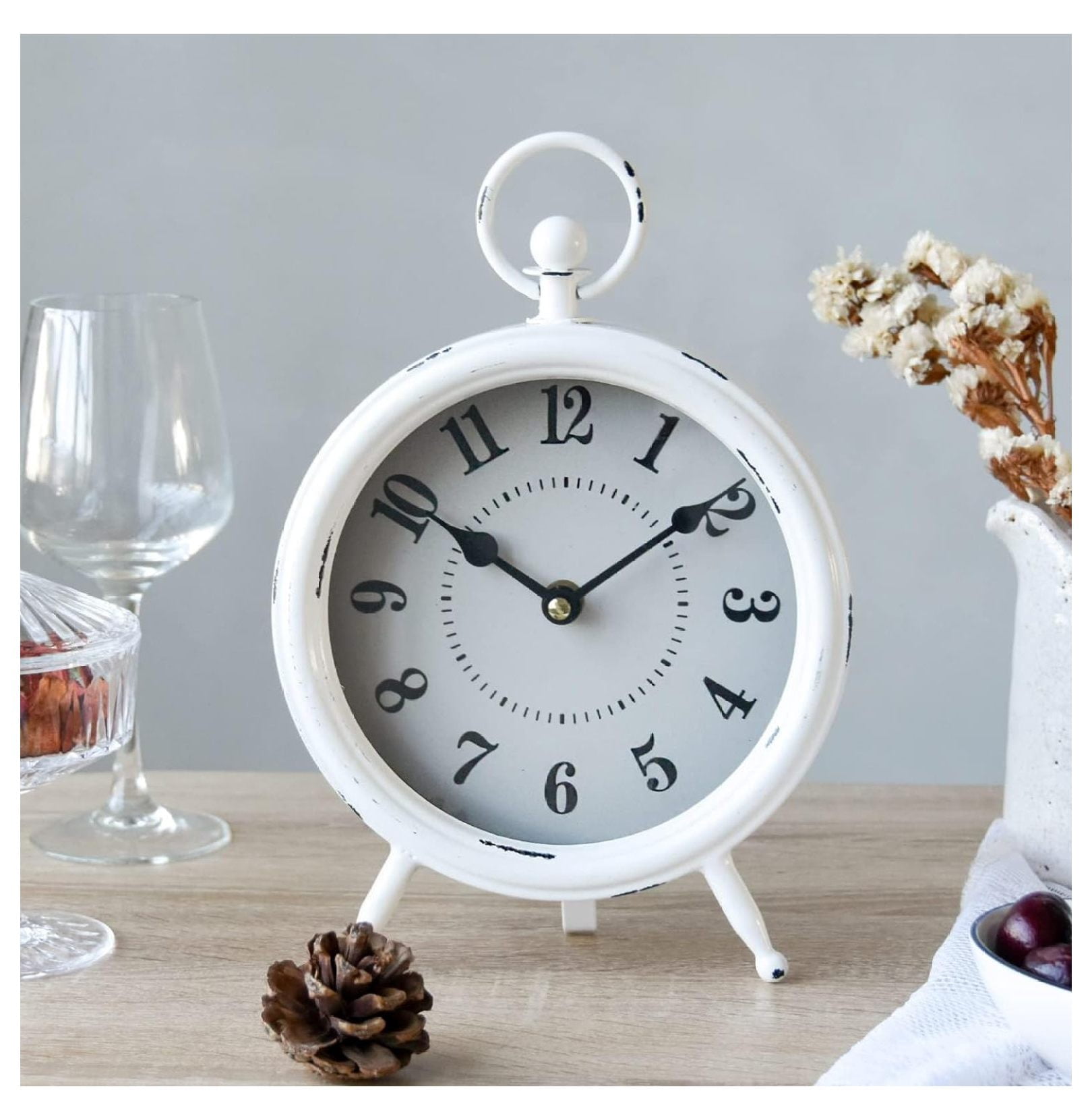 Vintage Rustic White Table Clock on Stand, Decorative Desk and Shelf ...