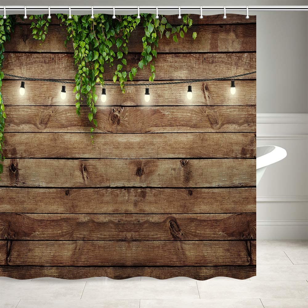 Vintage Rustic Wooden Board Door Shower Curtain, Green Leaves on ...