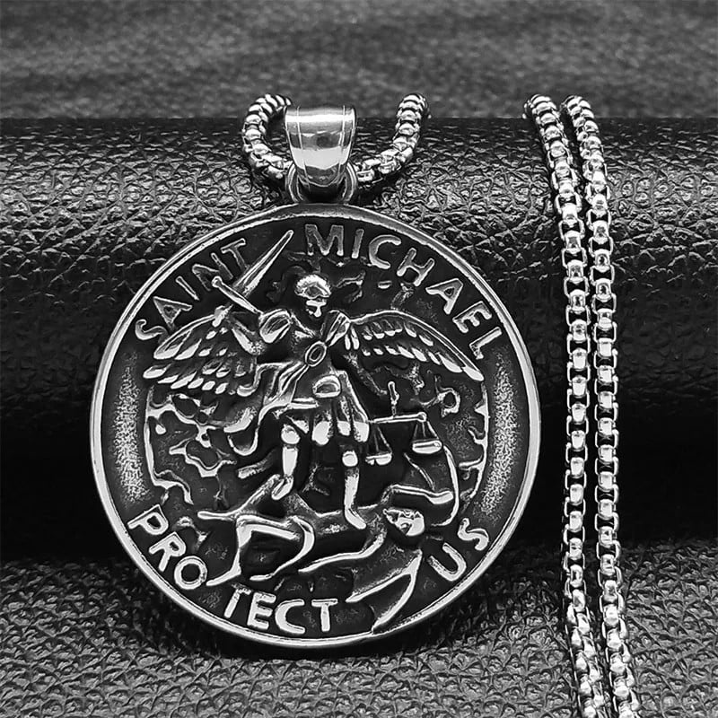 Vintage SAINT MICHAEL PROTECT US Archangel Necklace Men 14K White Gold ...