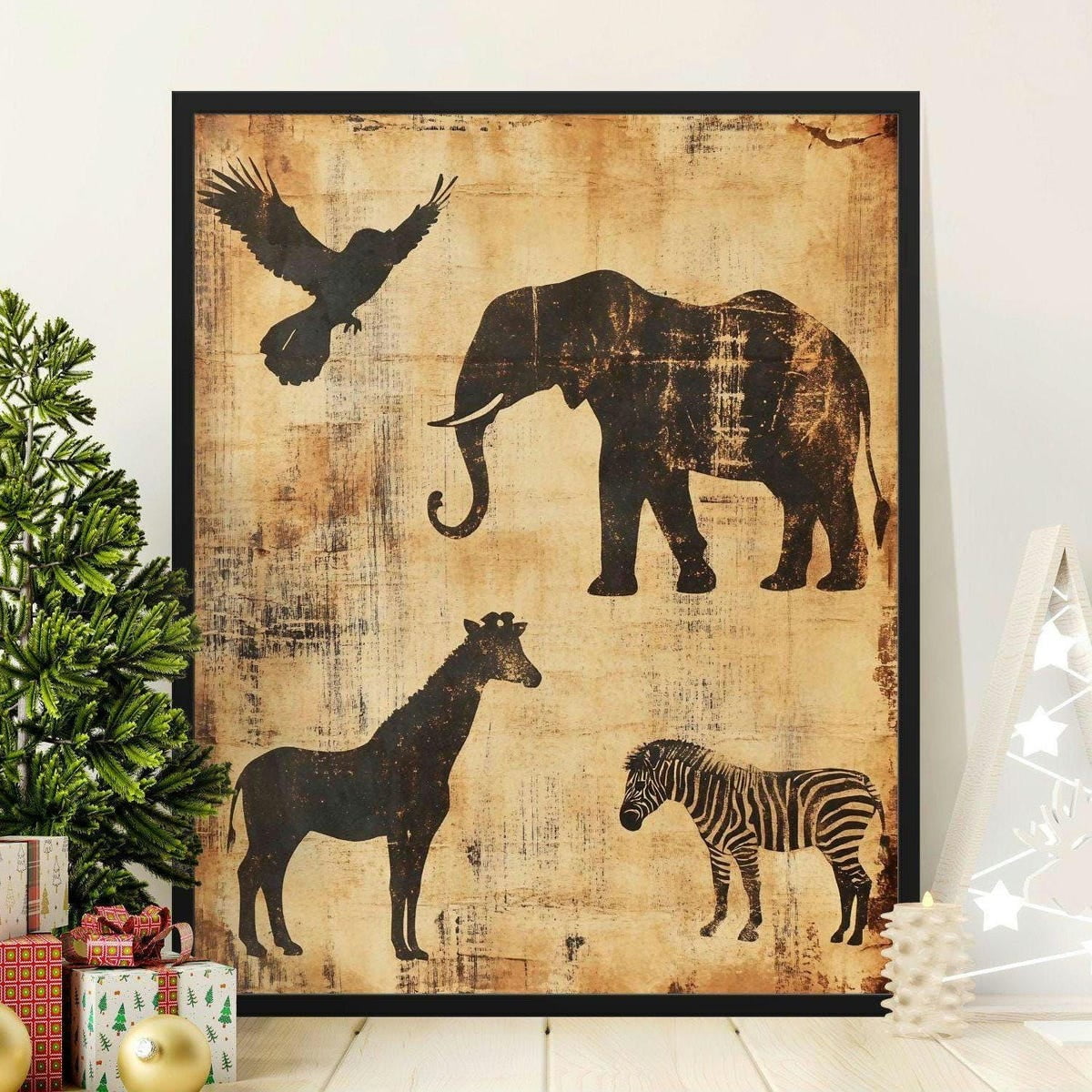Vintage Safari Animal Poster, Elephant Giraffe Zebra Silhouette Wall ...
