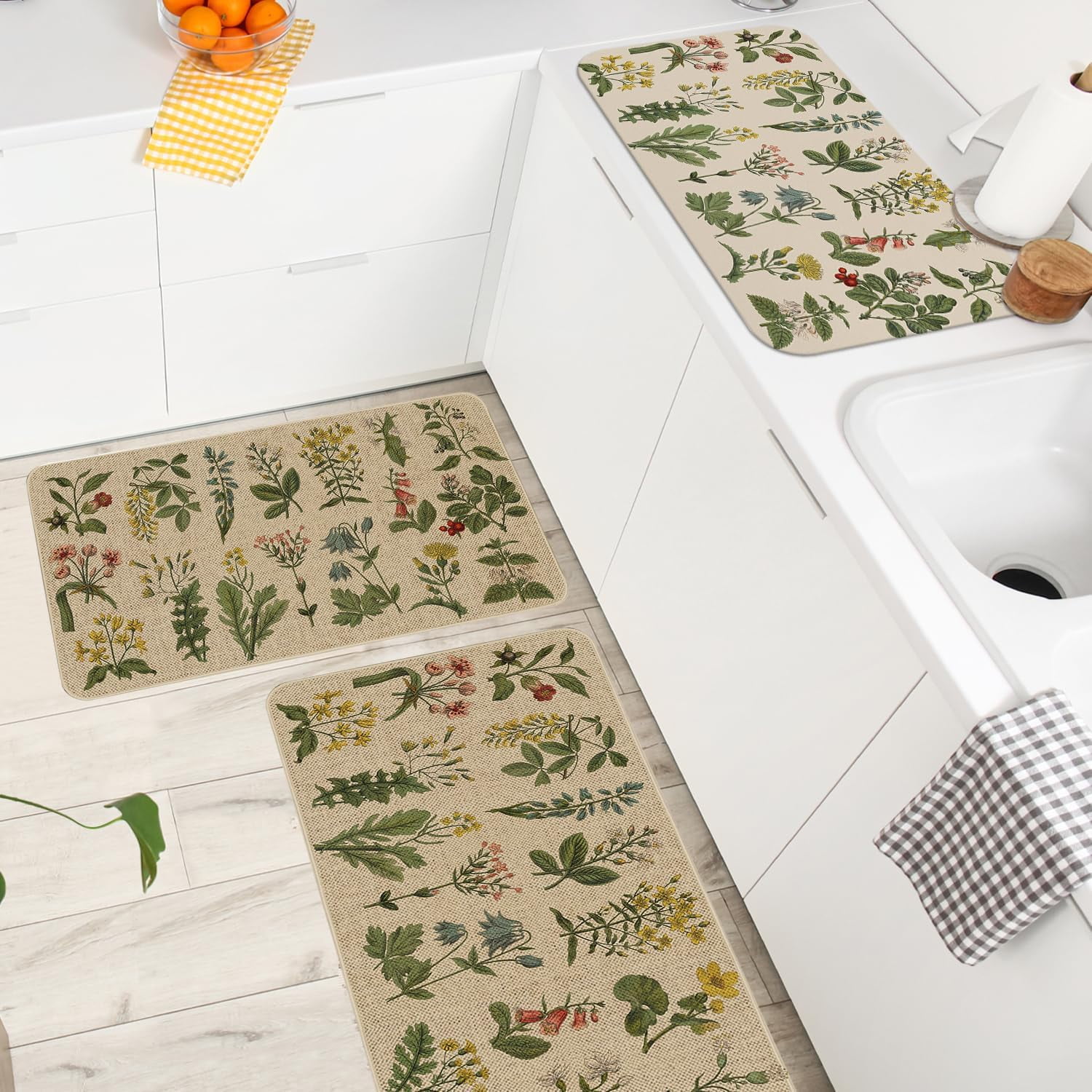 Vintage Sage Flower Herbs Kitchen Mats for Floor Set of 2 Pieces ...