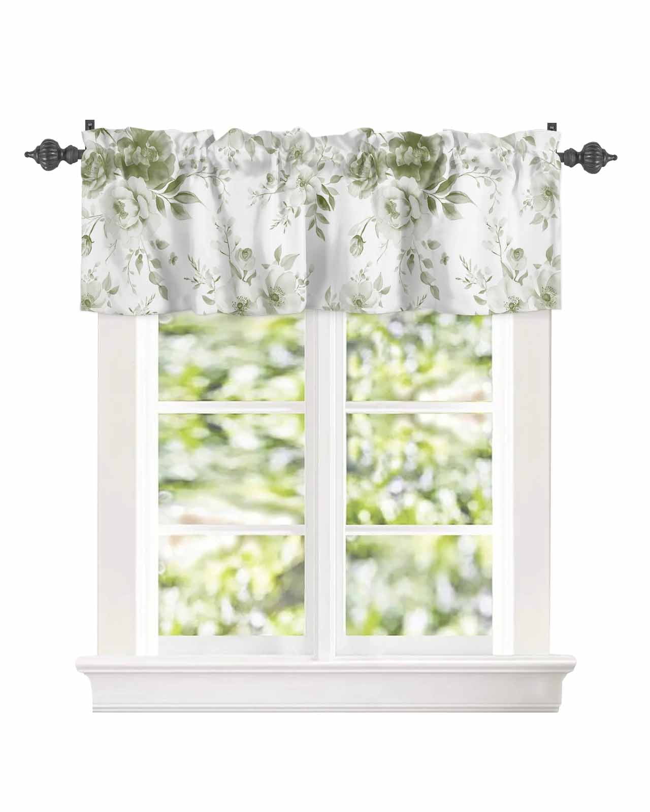 Vintage Sage Green Blossom Flower Curtain Valances for Kitchen Windows ...