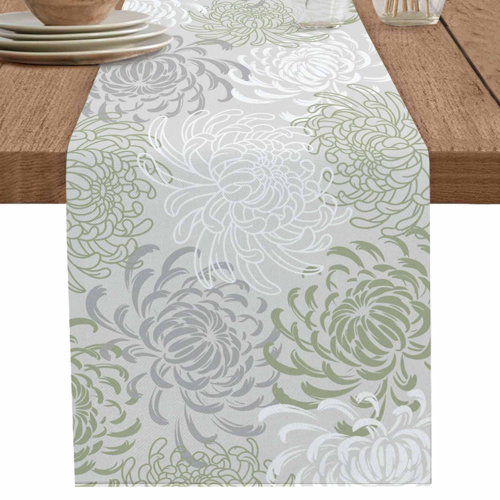 Vintage Sage Green Chrysanthemum Table Runner-70 Inch Long Abstract ...