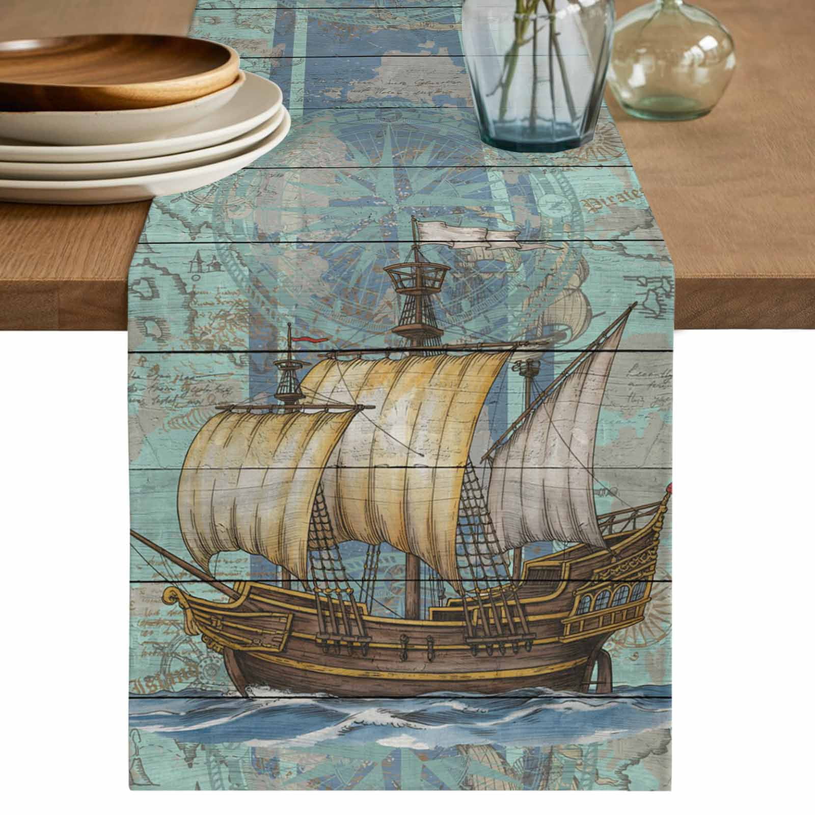 Vintage Sailboat Table Runner 108 Inches, Blue Ocean Seaports Anchors ...