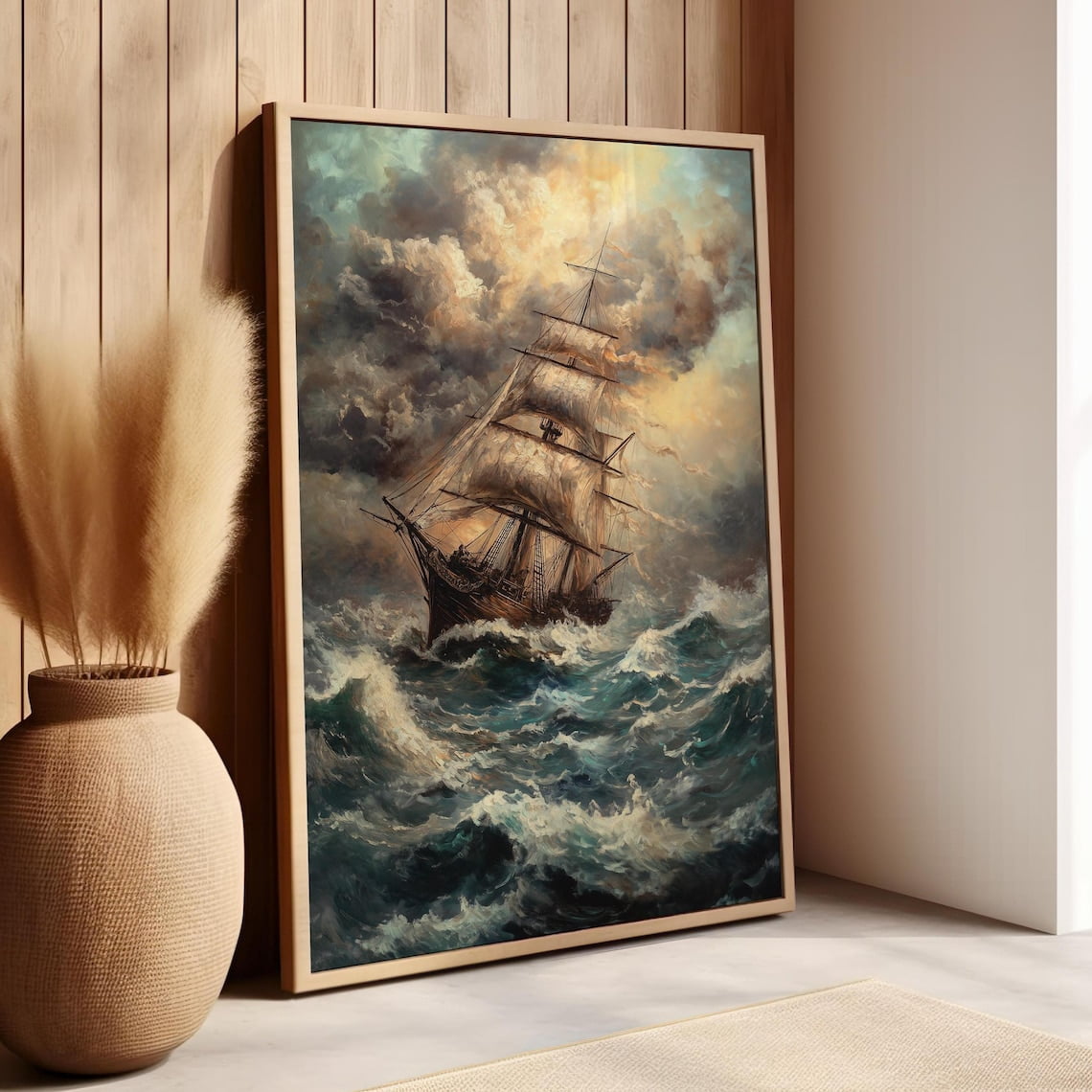 Vintage Sailing Ship Turbulent Seas Classic Nautical Stormy Ocean ...