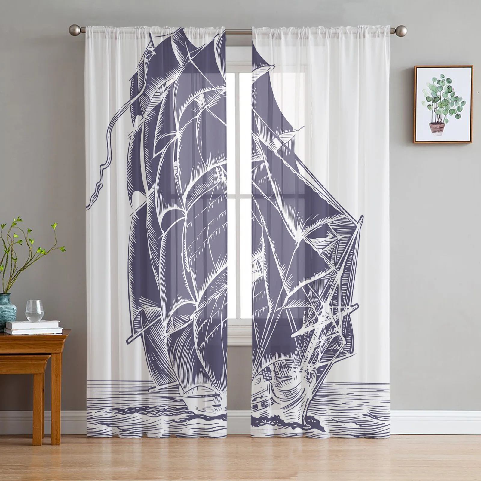 Vintage Sailing Ship l Map Chiffon Sheer Curtains for Living Room ...