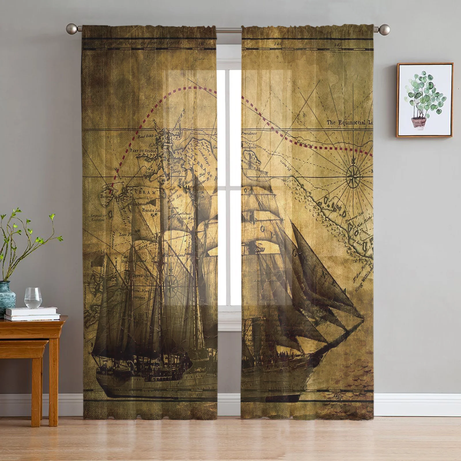 Vintage Sailing Ship l Map Chiffon Sheer Curtains for Living Room ...