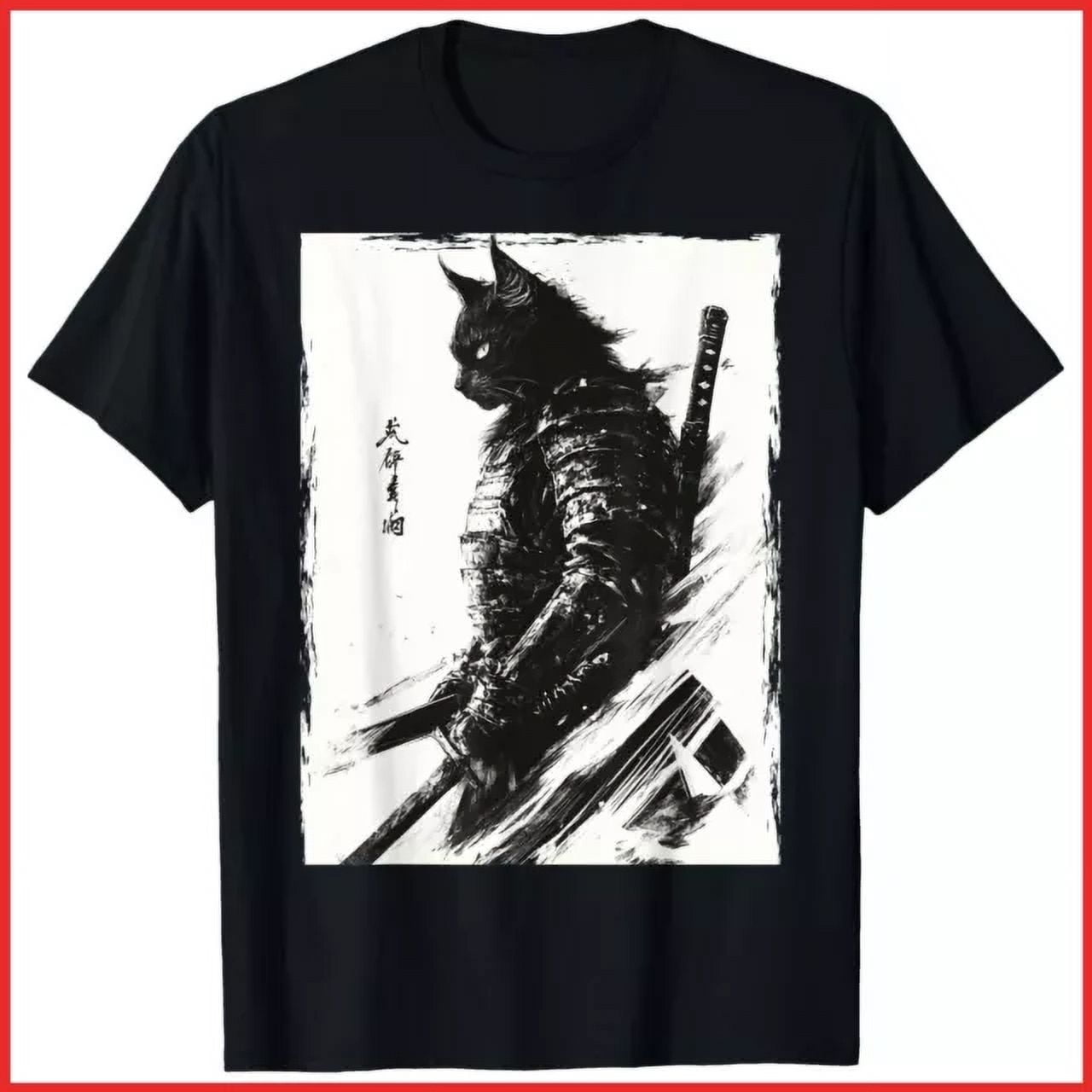 Vintage Samurai Warrior Cat Graphic Vintage Japanese Art Black Cotton T ...