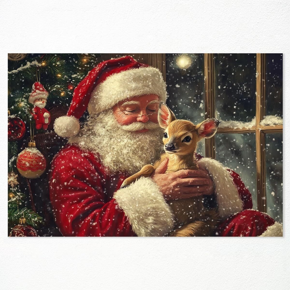 Vintage Santa Claus and Reindeer Canvas Wall Art, Christmas Holiday ...