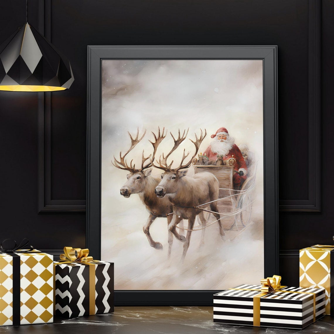 Vintage Santa Claus Wall Art, Santa Claus With Sleigh Posters, Rustic ...