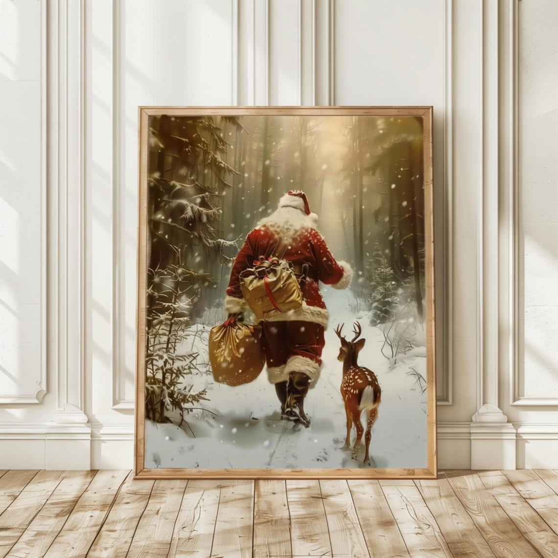 Vintage Santa Claus Winter Holiday Print, Snowy Reindeer, Winter Forest Home Decor #1111 ...
