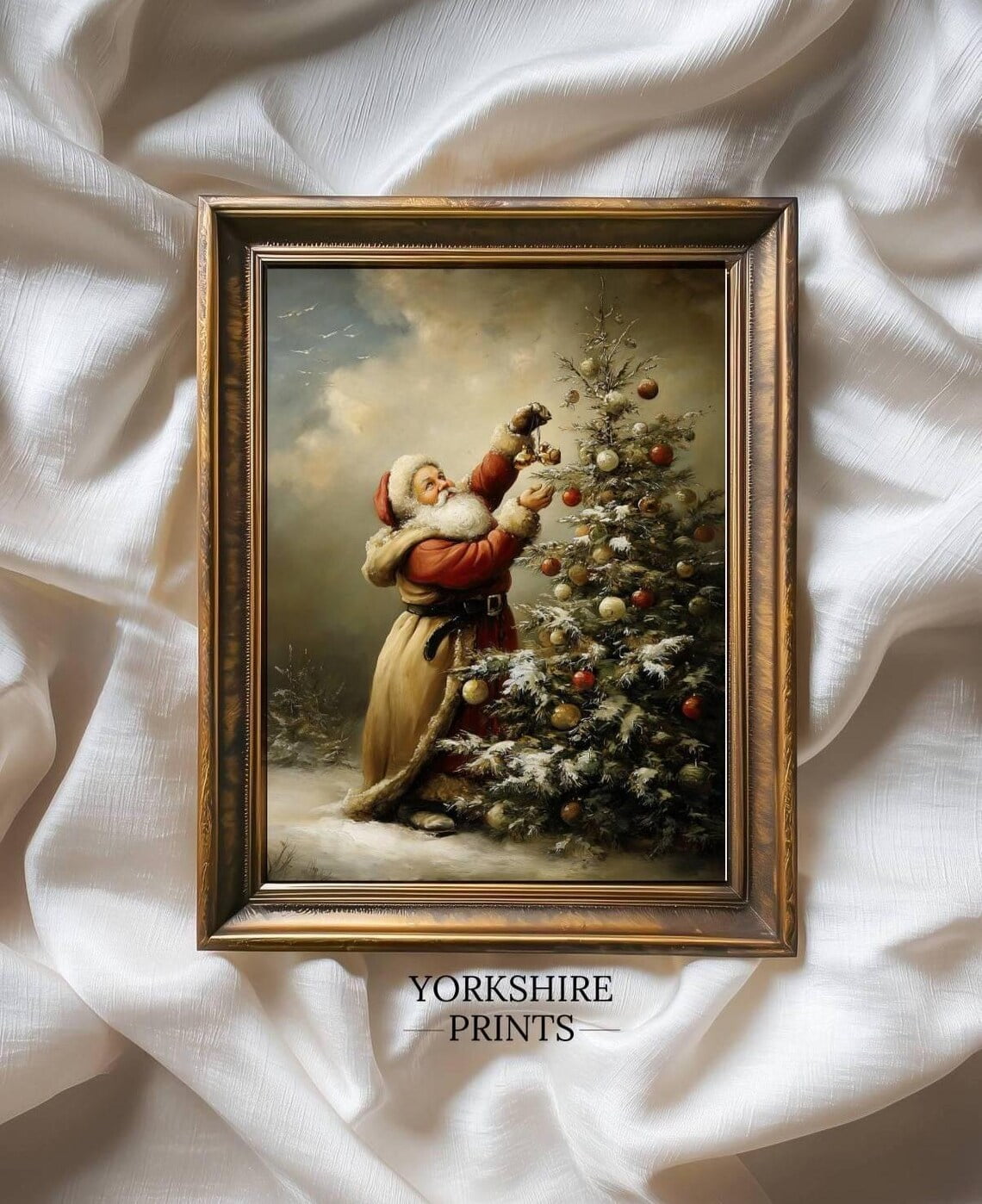 Vintage Santa Decorating Winter Tree Print, Nostalgic UNFRAMED Poster ...