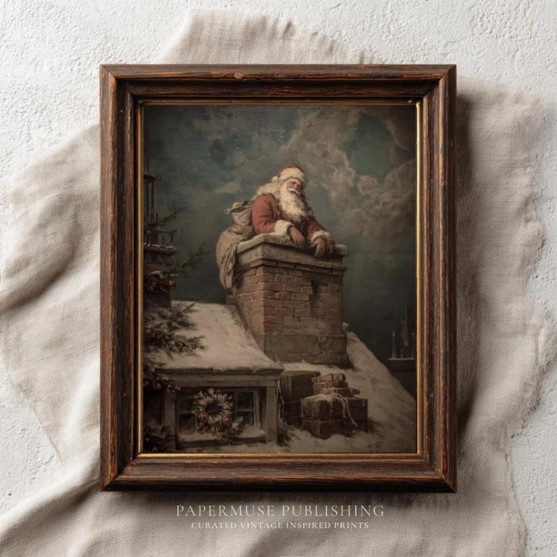 Vintage Santa On Chimney Art, Classic , Old World Father Print ...