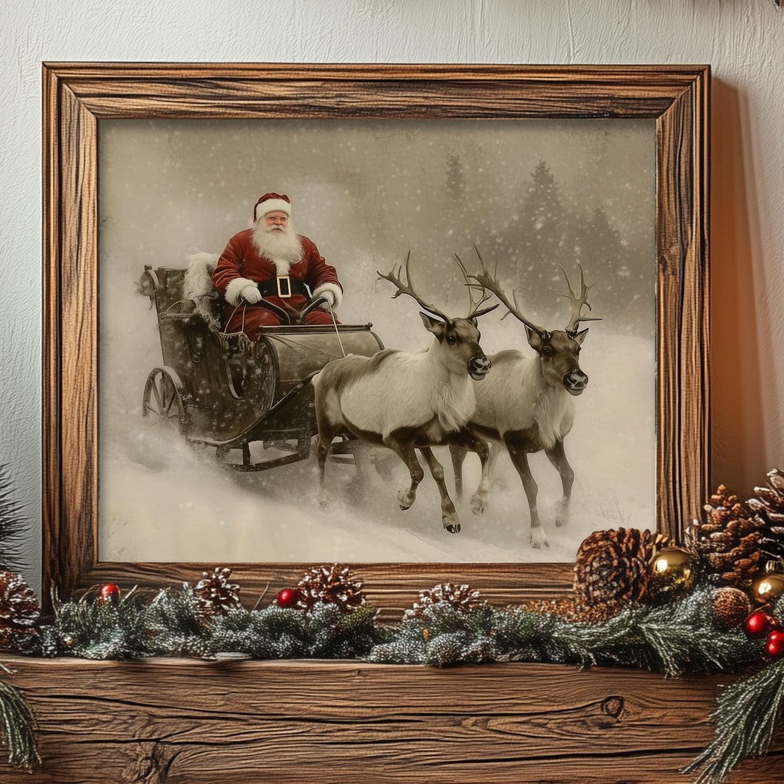 Vintage Santa Print, Santa Claus Wall Art, Santa On Sleigh With ...