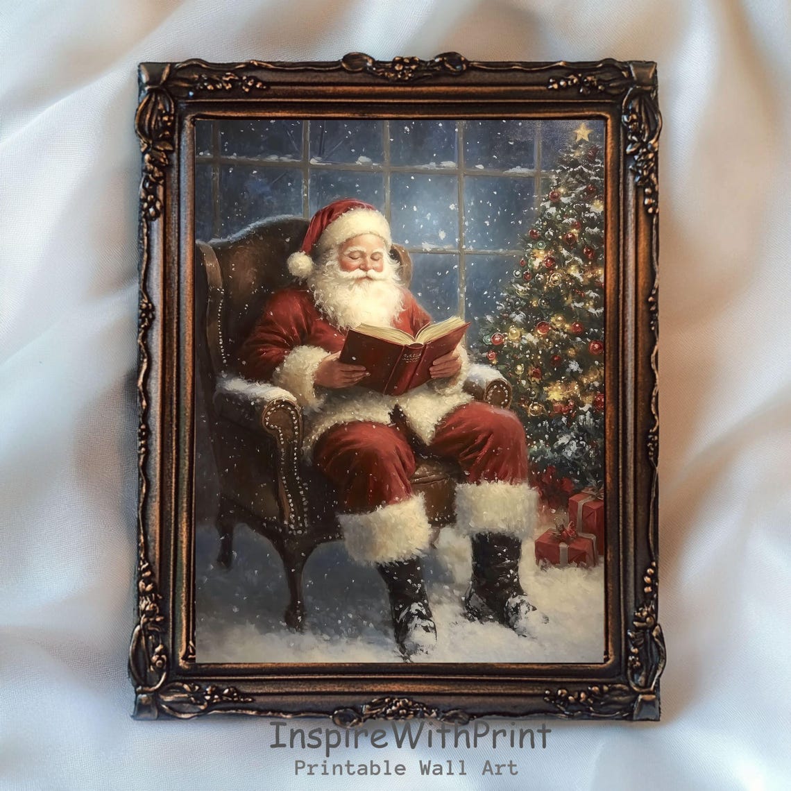 Vintage Santa Reading Book Print, Cottage Winter Holiday Printable Cozy ...