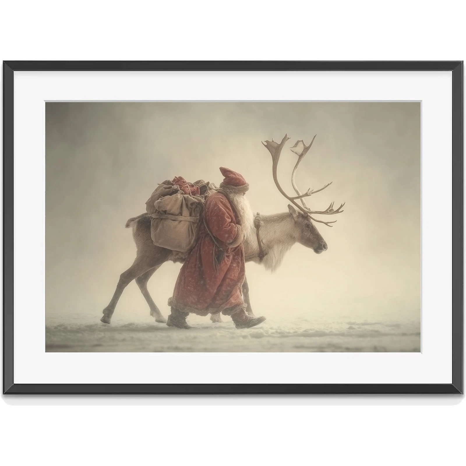 Vintage Santa And Reindeer Christmas Wall Art, Nordic Snow Winter ...