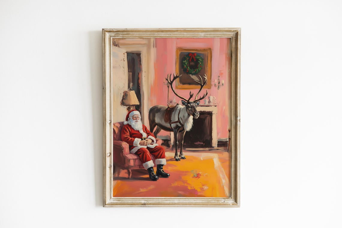 Vintage Santa Reindeer Poster: Retro Mantel Decor, Stretched Canvas ...
