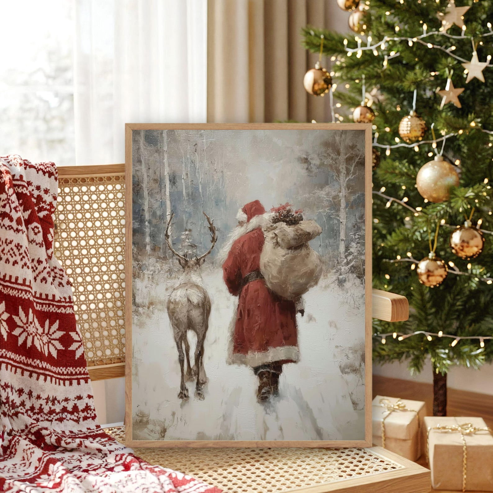 Vintage Santa and Reindeer in Snowy Landscape, Cozy Christmas Wall Art ...