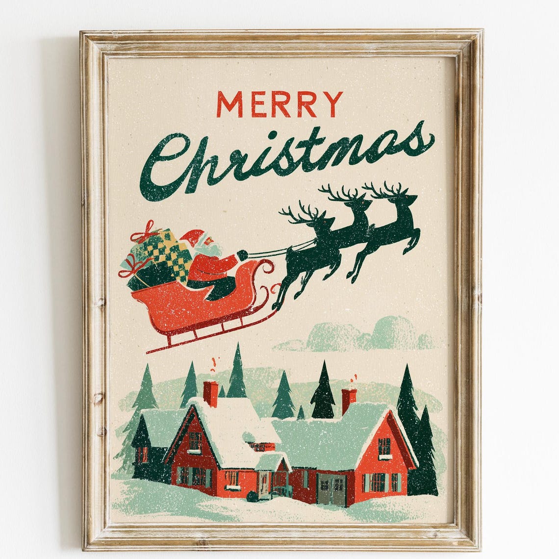 Vintage Santa Sleigh Christmas Print, Retro Holiday Wall Art, Mid ...