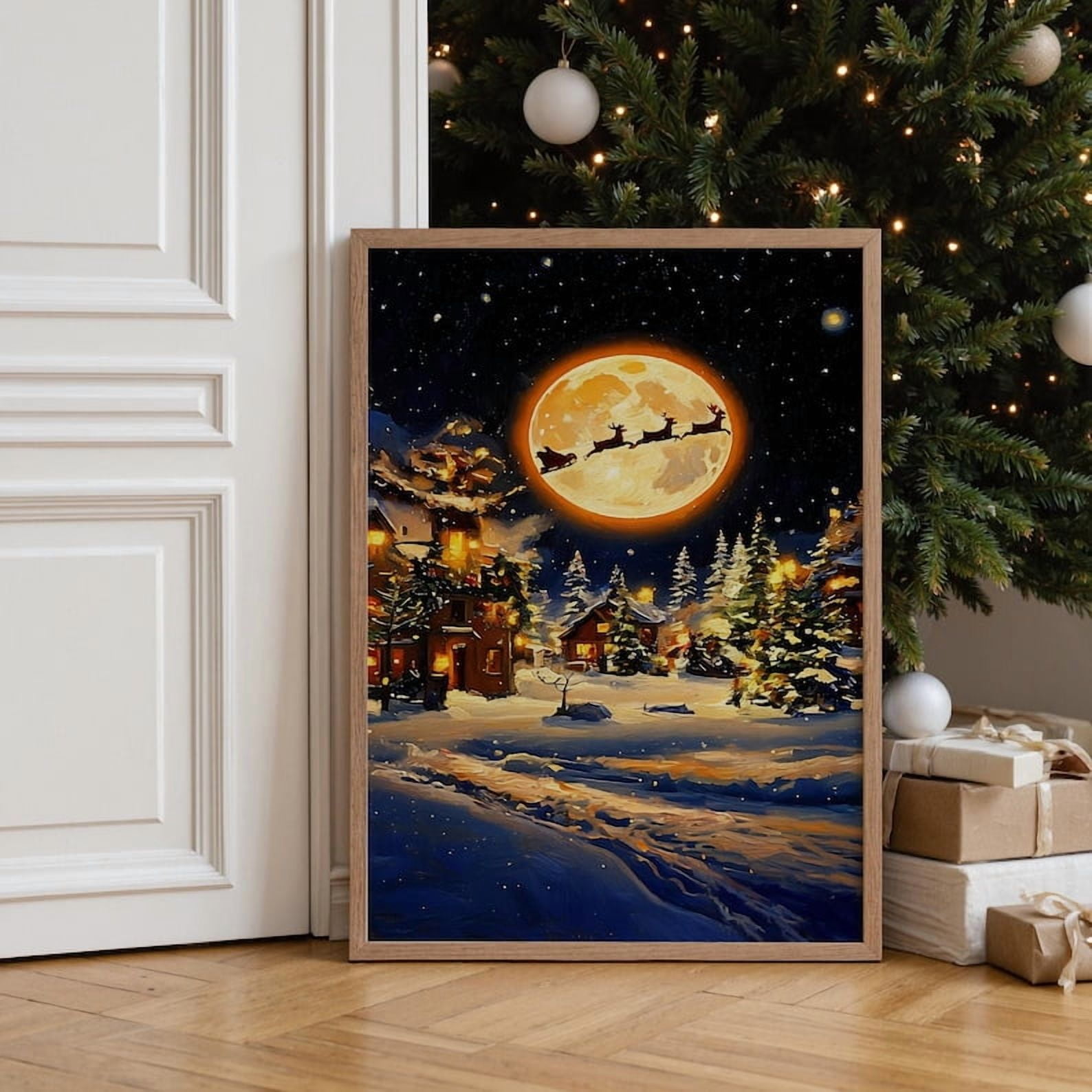 Vintage Santa Sleigh Moon , Snowy Village Print Home Decor #172 ...