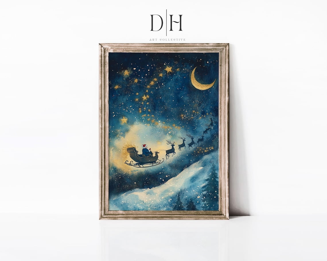 Vintage Santa Sleigh Poster Night Sky, Unframed Poster Size 16x24 ...