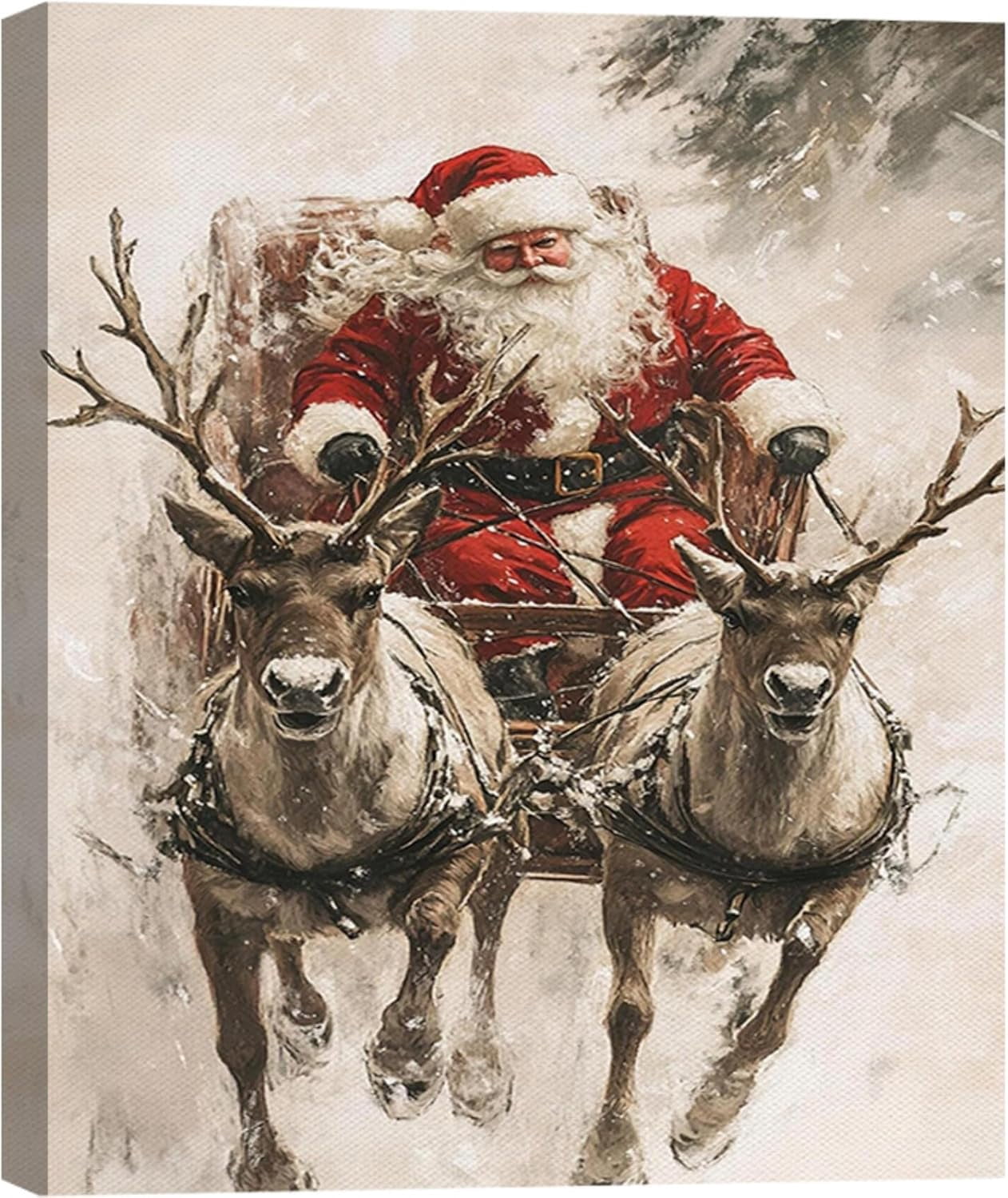 Vintage Santa in Sleigh with Reindeer Canvas Art, Framed Classic ...