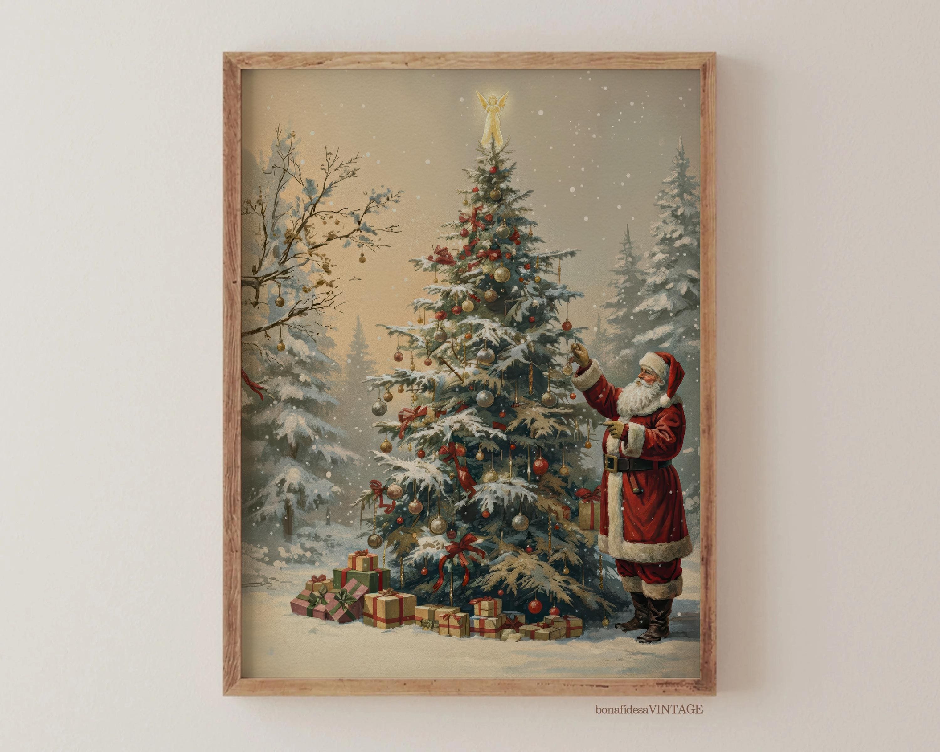Vintage Santa Wall Art Poster Print Poster, Neutral Santa And Tree ...