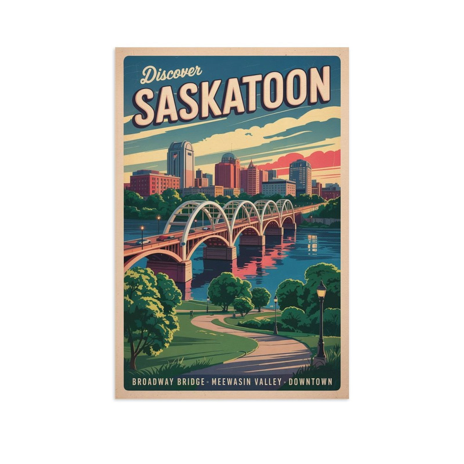 Vintage Saskatoon Cityscape Retro Canadian Tourism with Scenic River ...