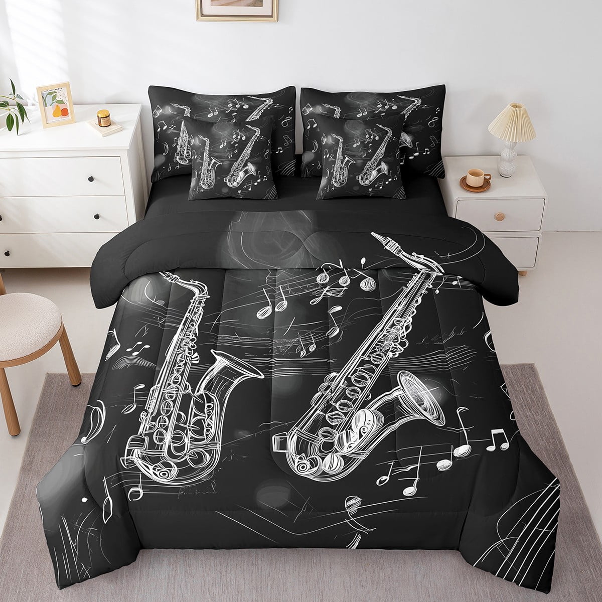Vintage Saxophone Full Bedding Set Minimalist Music Notes Bed In A Bag ...