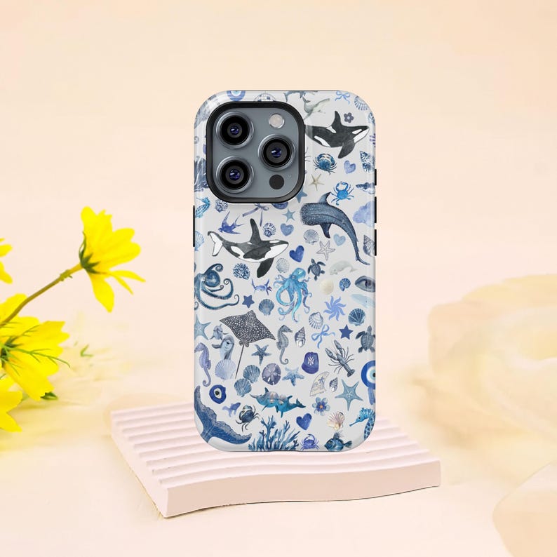 Vintage Sea Creatures Phone Case, Whale Shark Stingray Octopus Art with ...
