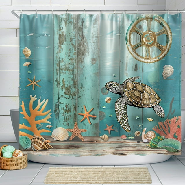 Vintage Sea Turtle And Coral Reef Pattern Shower Curtain Blue And White