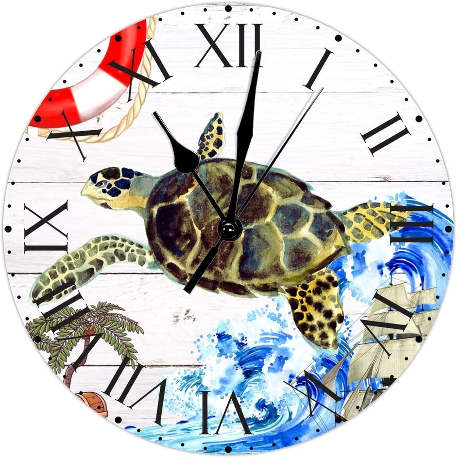 Vintage Sea Turtle Life Buoy Sailboat Pvc Clock Ocean Wave Numeral ...